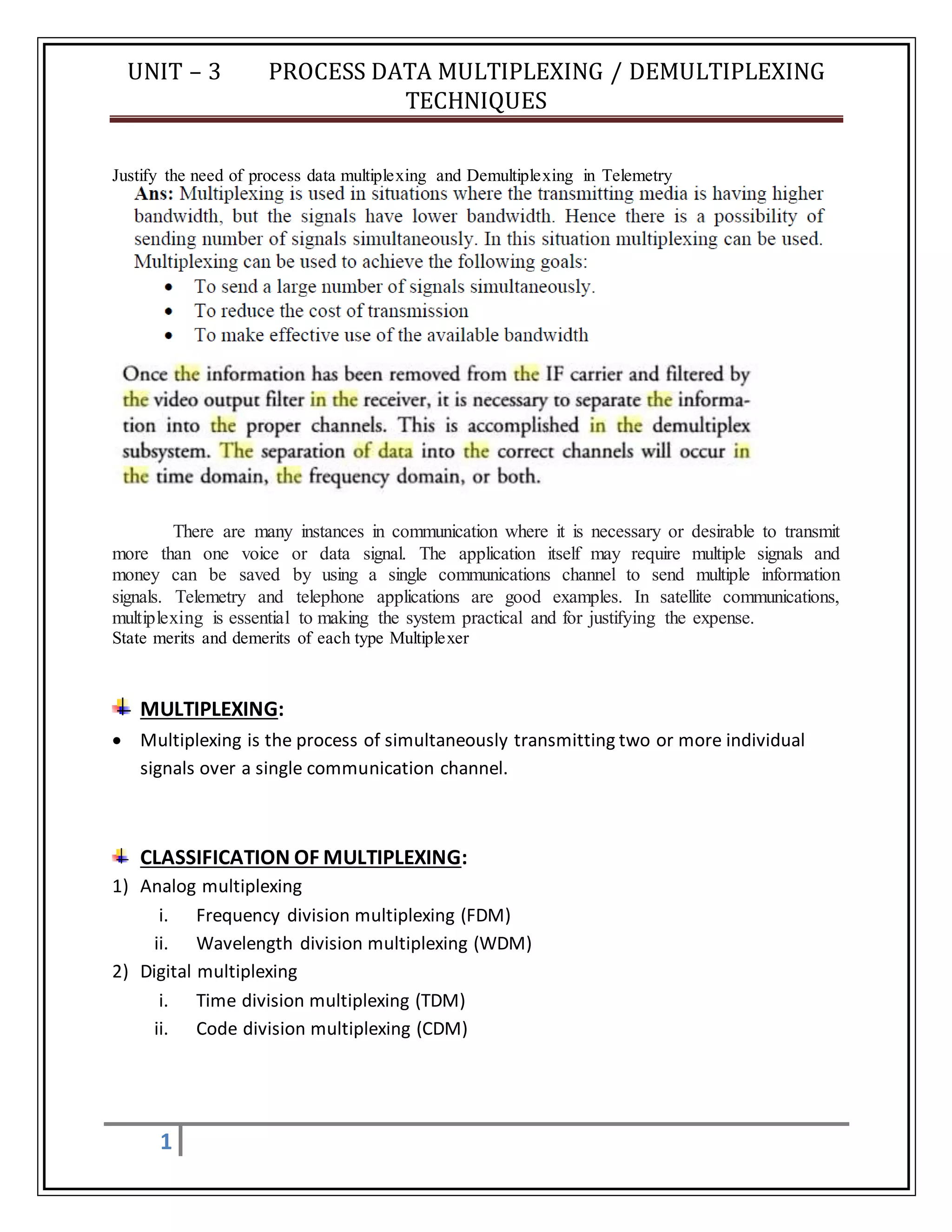 Unit – 3 process data multiplexing demultiplexing techniques | DOCX