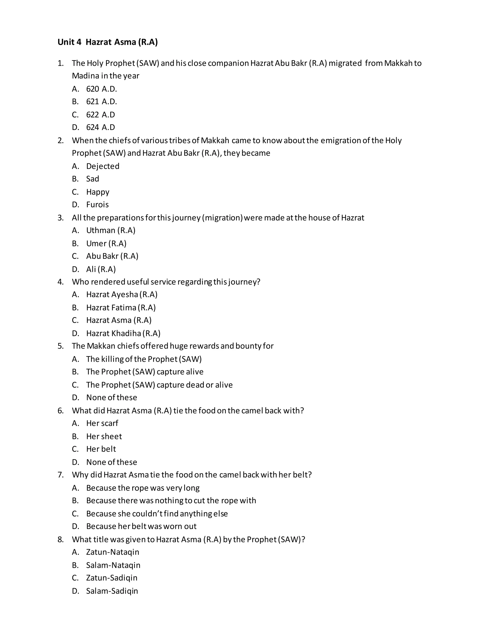 Unit 4. hazrat asma mcqs By Musarrat Khan | DOCX