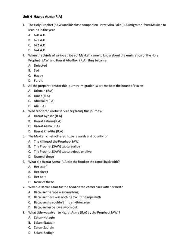 Unit 4. hazrat asma mcqs By Musarrat Khan | DOCX