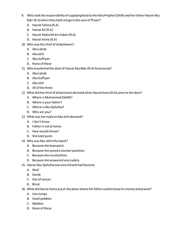 Unit 4. hazrat asma mcqs By Musarrat Khan | DOCX