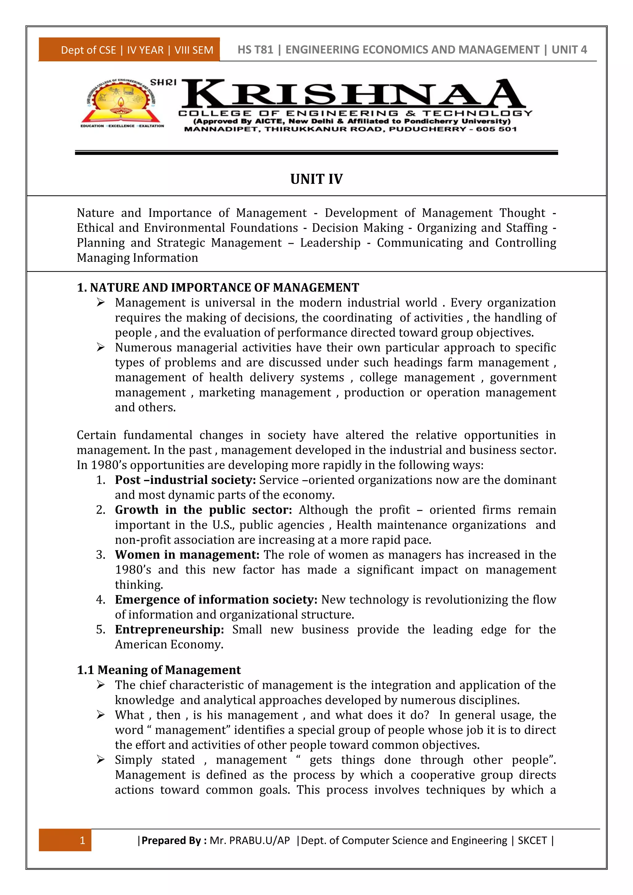 Nature and Importance of Management | PDF