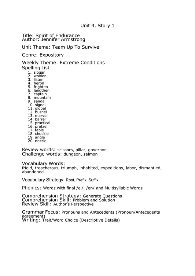 Unit 4 Story 1 Spirit of Endurance | DOCX