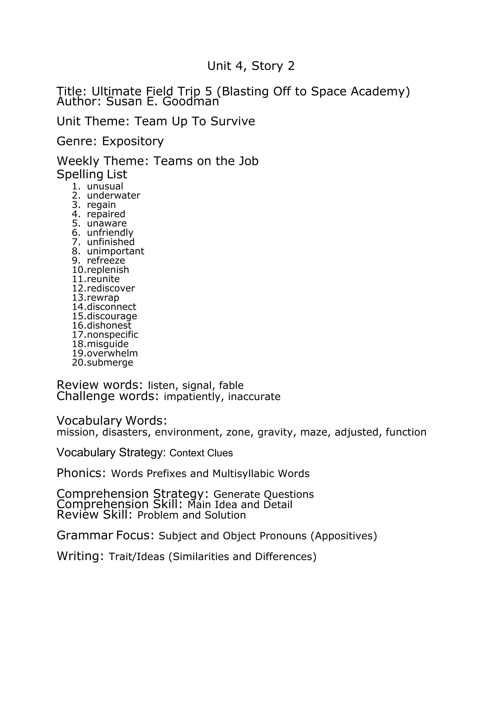 Unit 4 Story 2 The Ultimate Field Trip | PDF