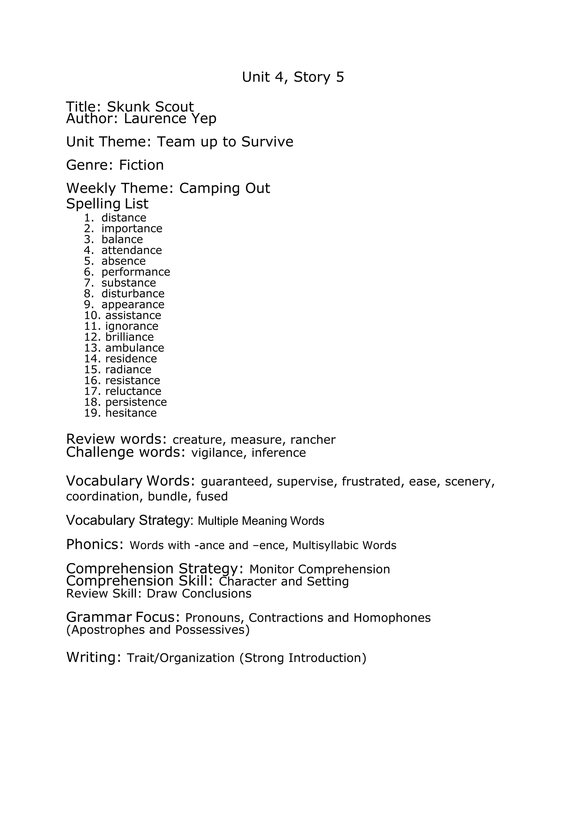 Unit 4 Story 5 Skunk Scout | DOCX