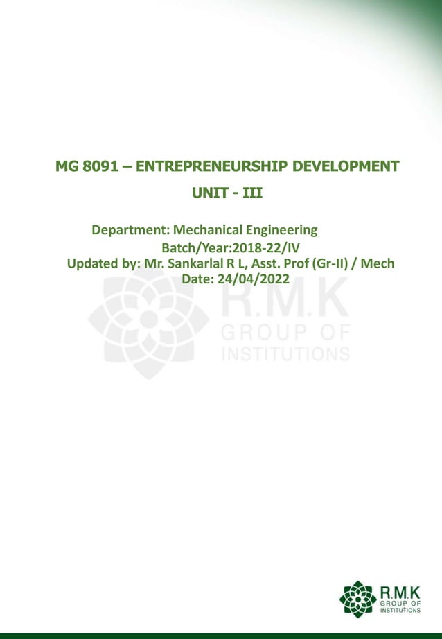 Unit 4 - Digital Notes - MG 8091 EDP - VIII Sem Mech.pdf | Business ...