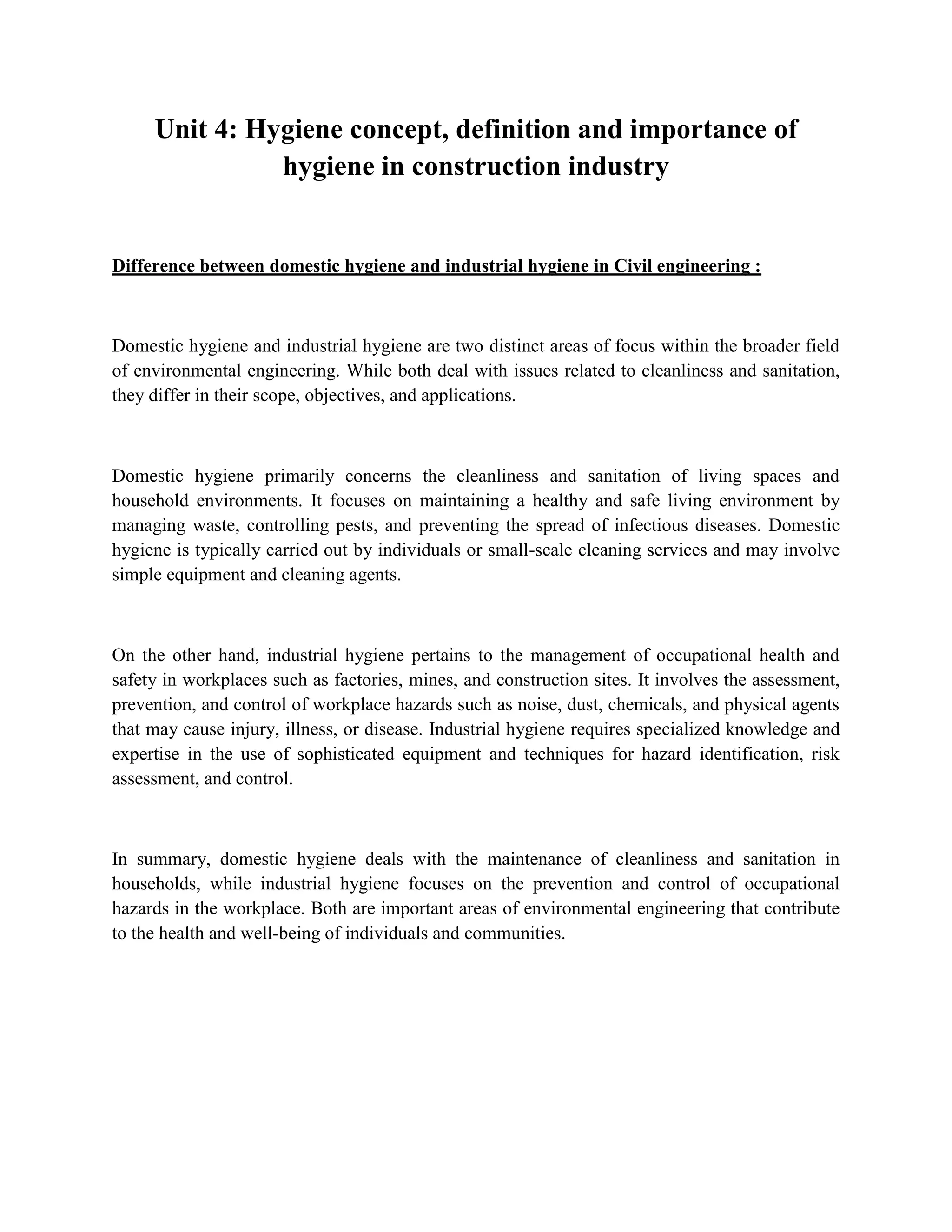 UNIT 4 - Hygiene Concept, definition and importance of hygiene in ...