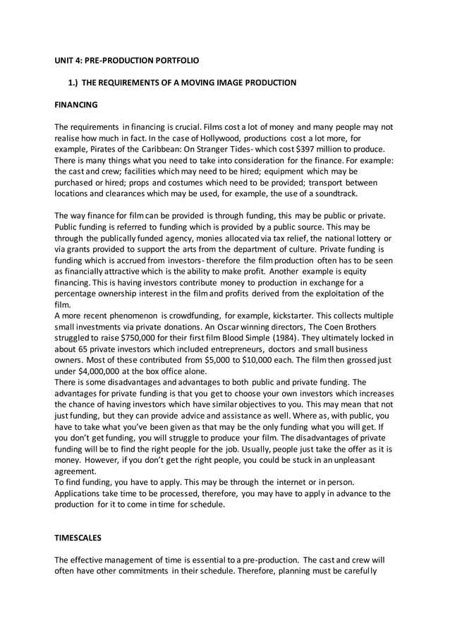 Unit 4 pre-production portfolio | DOCX | Video Production | Content Production