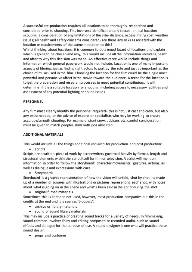 Unit 4 pre-production portfolio | DOCX | Video Production | Content ...