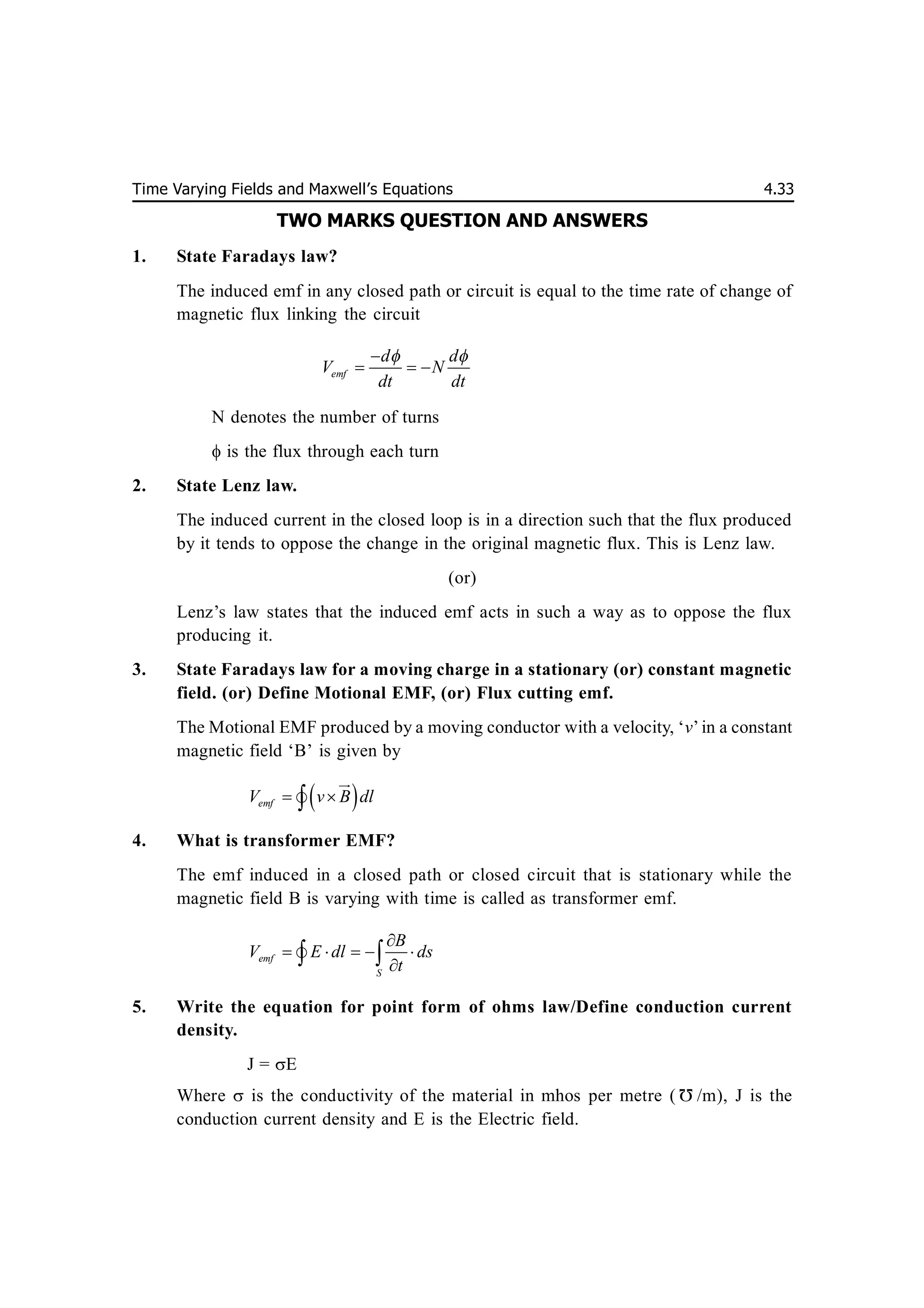 TIME-VARYING FIELDS AND MAXWELL's EQUATIONS -Unit 4 - two marks | PDF