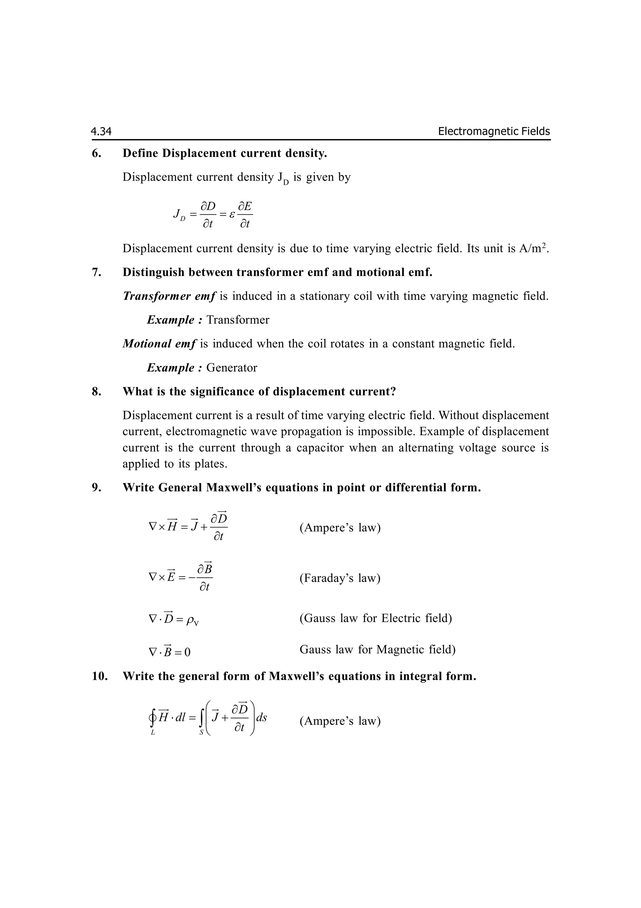 Time Varying Fields And Maxwells Equations Unit 4 Two Marks Pdf