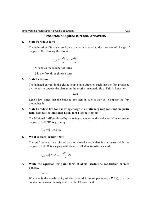 Time Varying Fields And Maxwells Equations Unit 4 Two Marks Pdf
