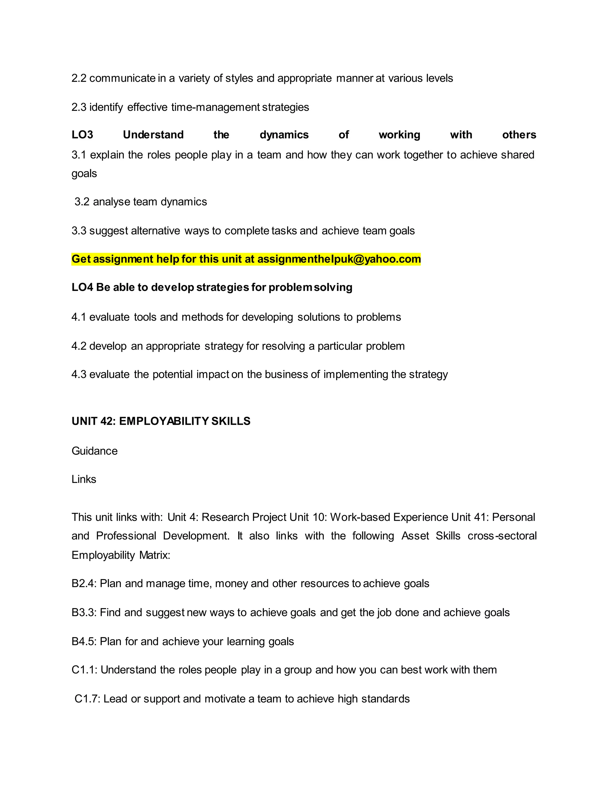 UNIT 42: EMPLOYABILITY SKILLS | DOCX | Educational Assessment | Education