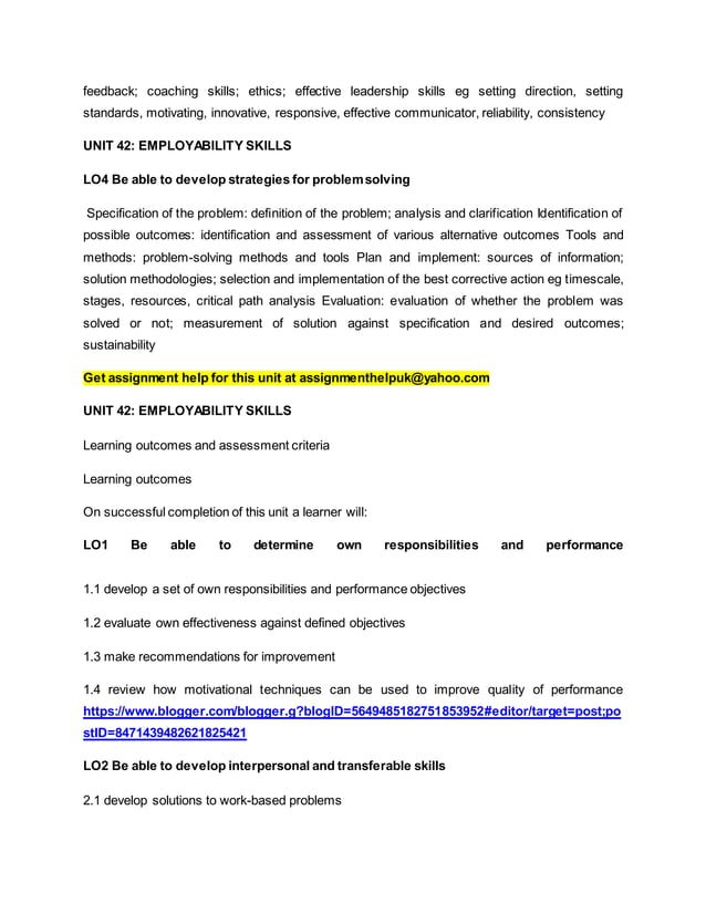 UNIT 42: EMPLOYABILITY SKILLS | DOCX | Educational Assessment | Education