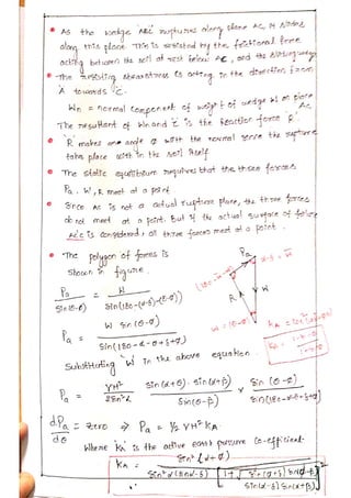 Earth Pressure Theories and Retaining Walls Hand written Notes | PDF