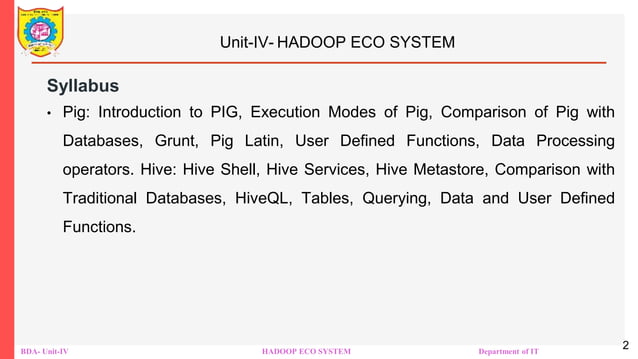 HADOOP ECO SYSTEM Pig: Introduction to PIG, Execution Modes of Pig, Comparison of Pig with ...