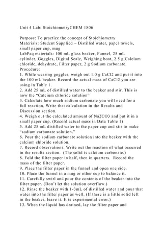 Unit 4 Lab StoichiometryCHEM 1806Purpose To practice the conce.docx