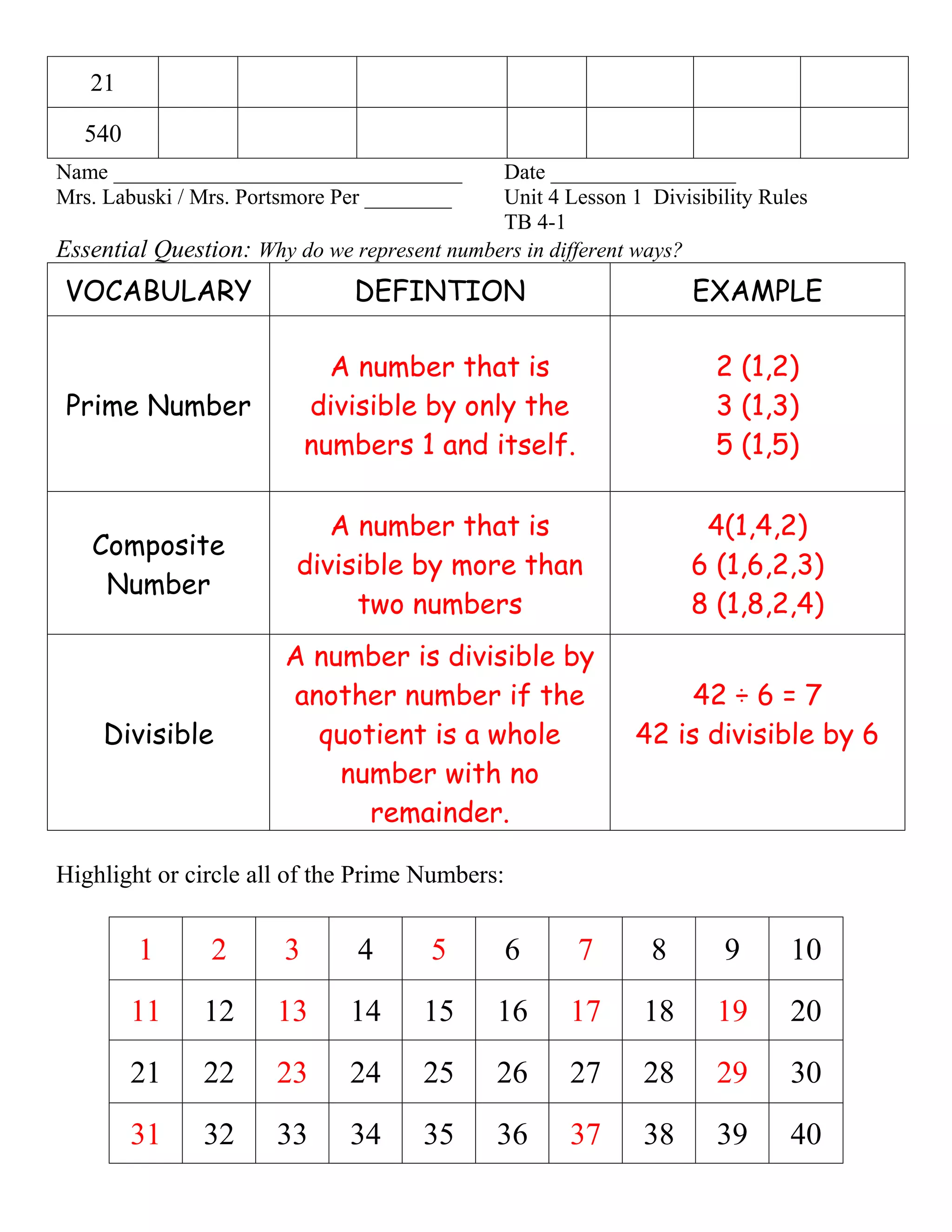 Unit 4 lesson 1 divisibility rules | DOC