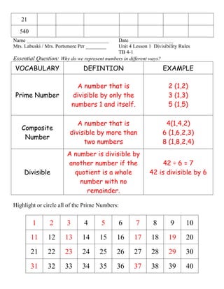 Unit 4 lesson 1 divisibility rules | DOC