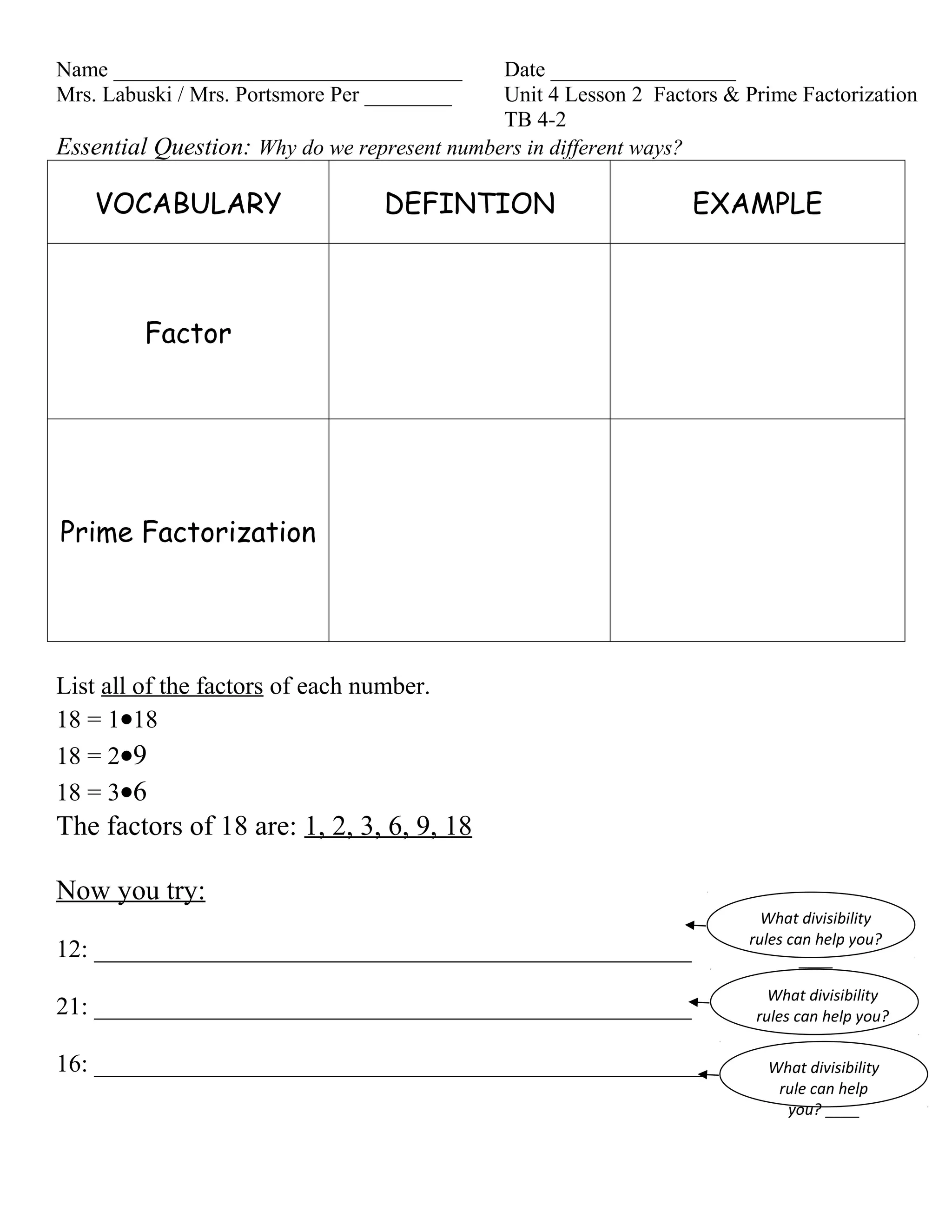 Unit 4 lesson 2 factors & prime factorization | DOC | Education
