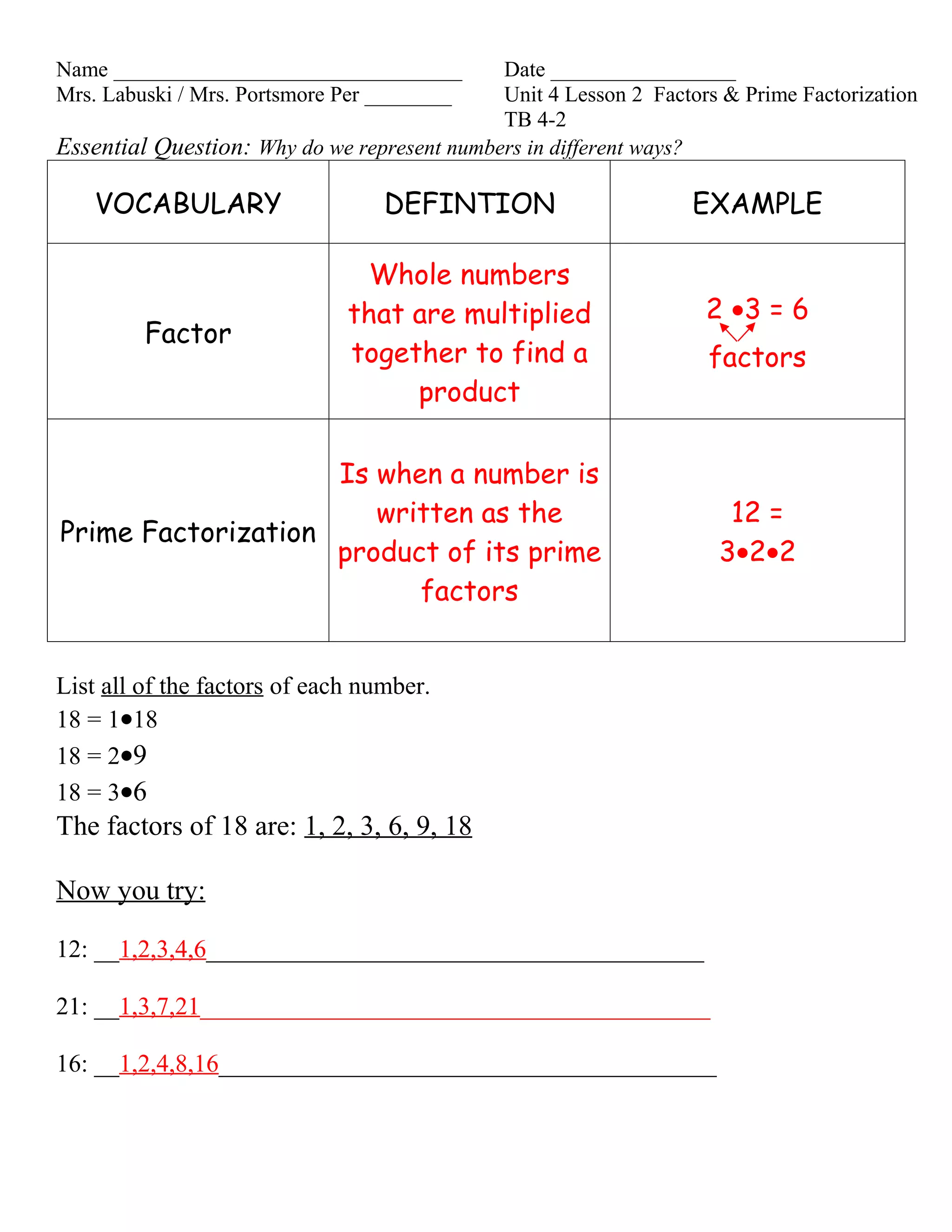 Unit 4 lesson 2 factors & prime factorization | DOC