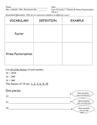 Unit 4 lesson 2 factors & prime factorization | DOC
