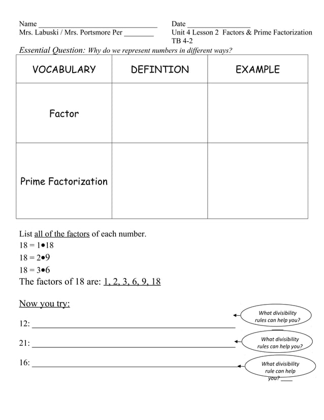 Unit 4 lesson 2 factors & prime factorization | PDF
