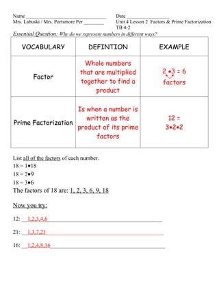 Unit 4 lesson 2 factors & prime factorization | DOC | Education