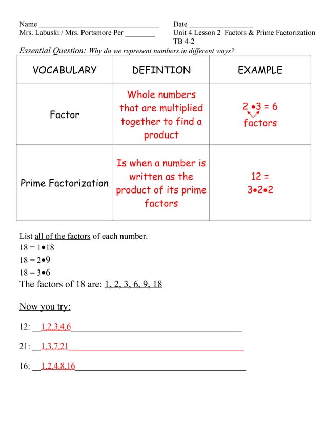 Unit 4 lesson 2 factors & prime factorization | DOC | Education