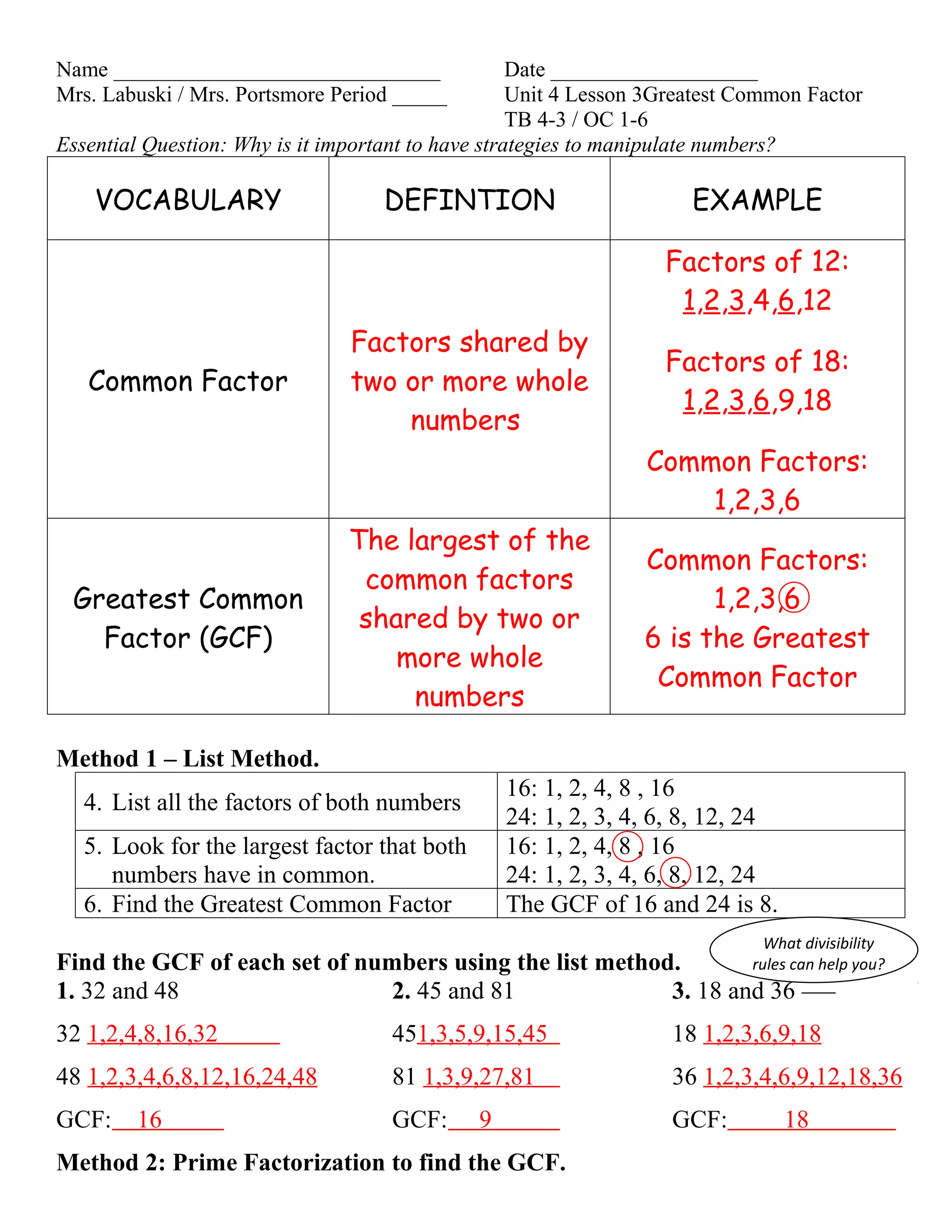 Unit 4 lesson 3 greatest common factor | PDF