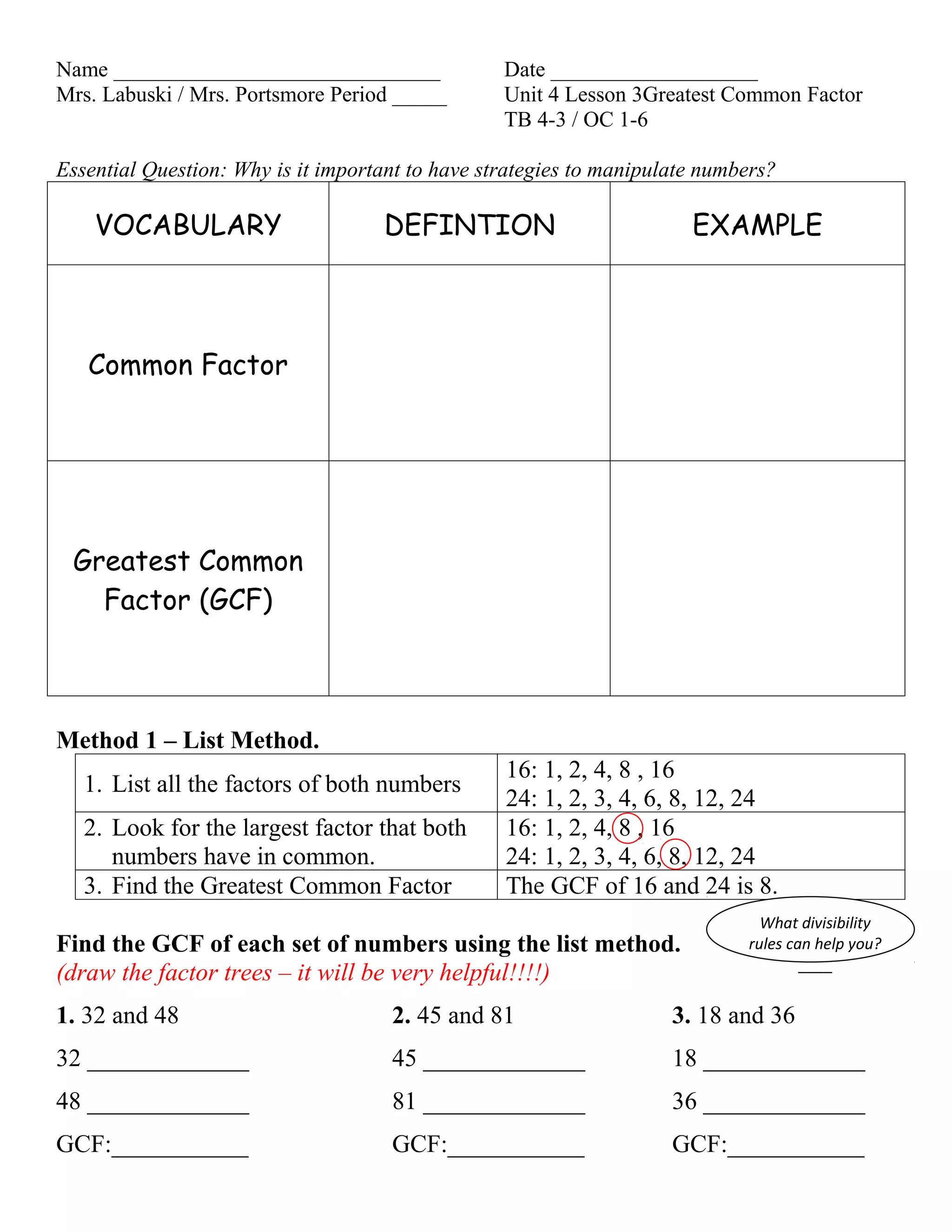 Unit 4 lesson 3 greatest common factor | PDF