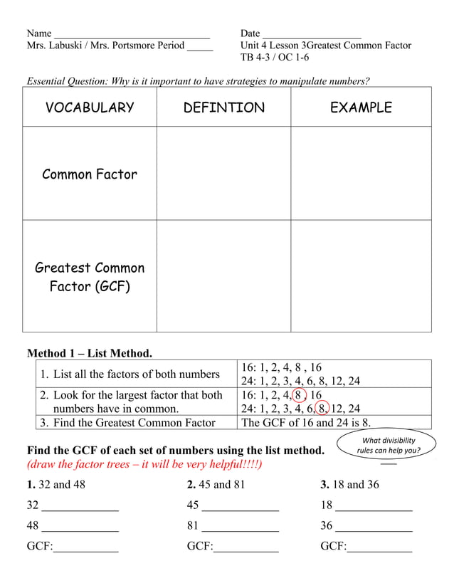Unit 4 lesson 3 greatest common factor | PDF