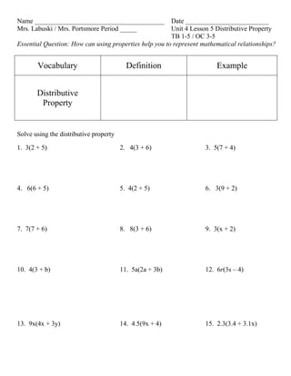 Unit 4 lesson 5 distributive property | PDF