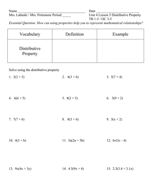 Unit 4 lesson 5 distributive property | PDF