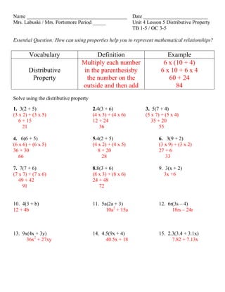 Unit 4 lesson 5 distributive property | PDF