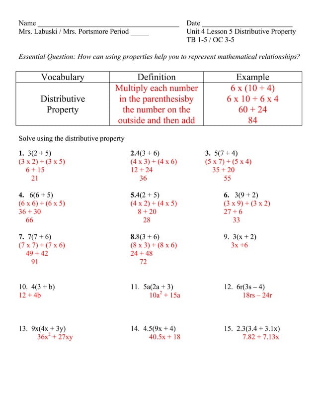 Unit 4 lesson 5 distributive property | PDF