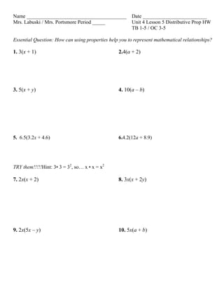 Unit 4 lesson 5 distributive property | PDF