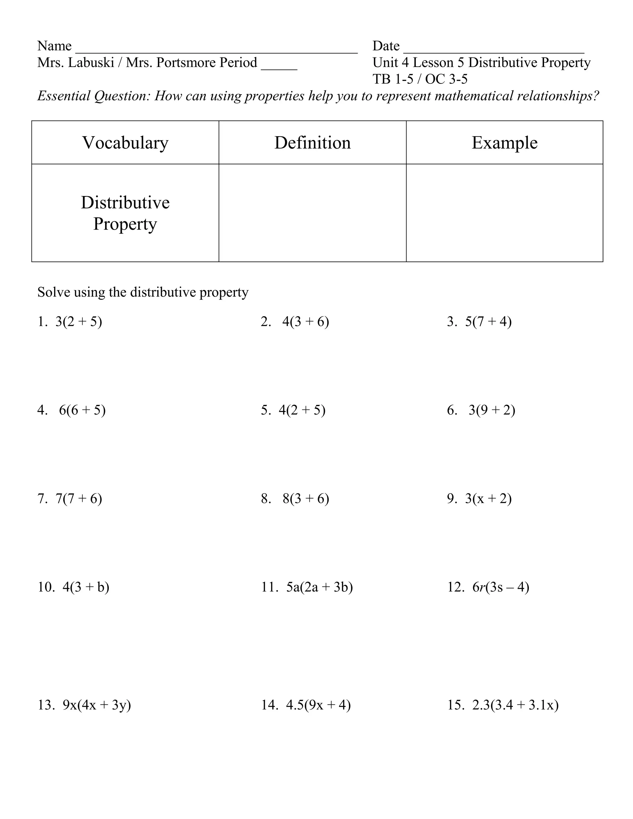 Unit 4 lesson 5 distributive property | DOCX