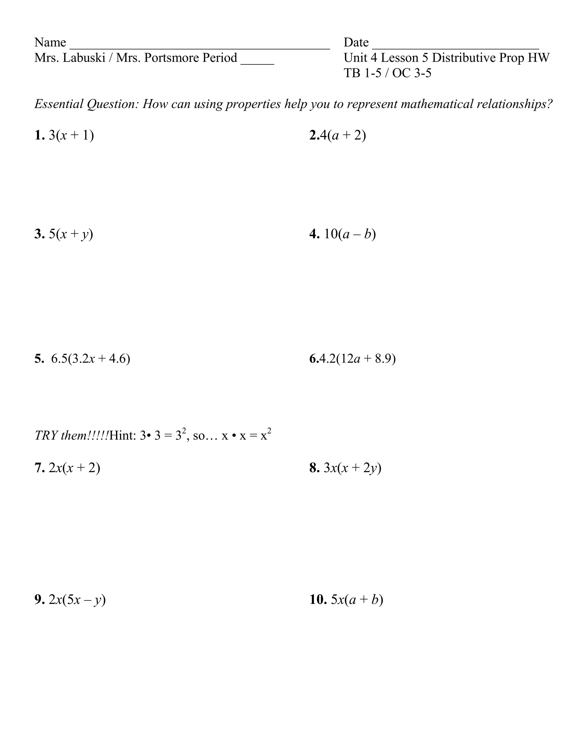 Unit 4 lesson 5 distributive property | DOCX