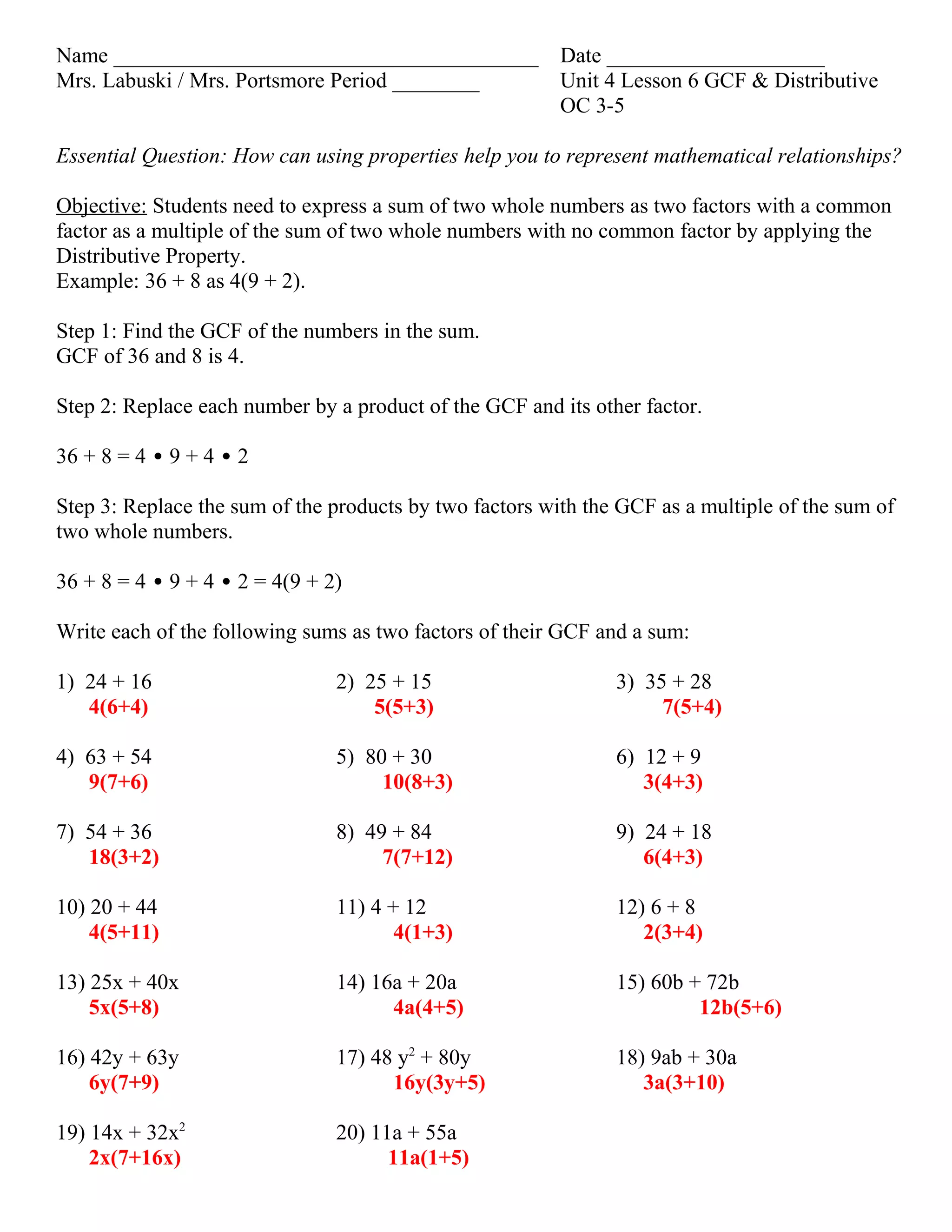 Unit 4 lesson 6 gcf & distributive property | DOC