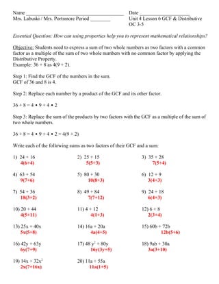 Unit 4 lesson 6 gcf & distributive property | DOC