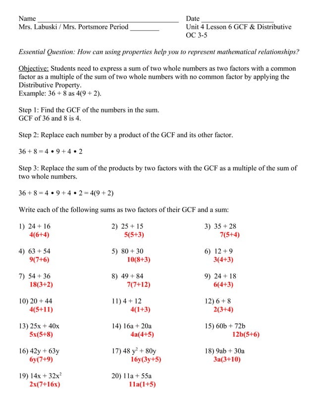 Unit 4 lesson 6 gcf & distributive property