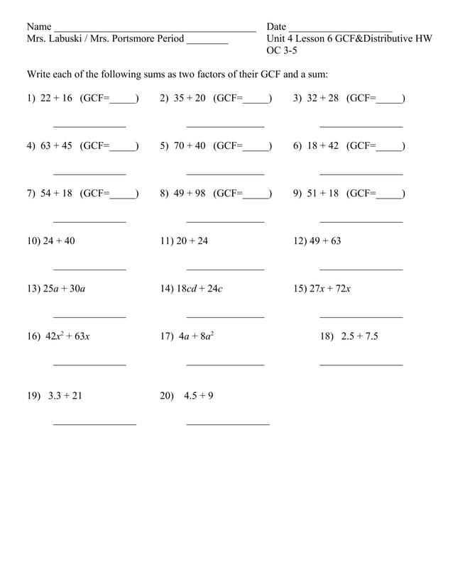 Unit 4 lesson 6 gcf & distributive property
