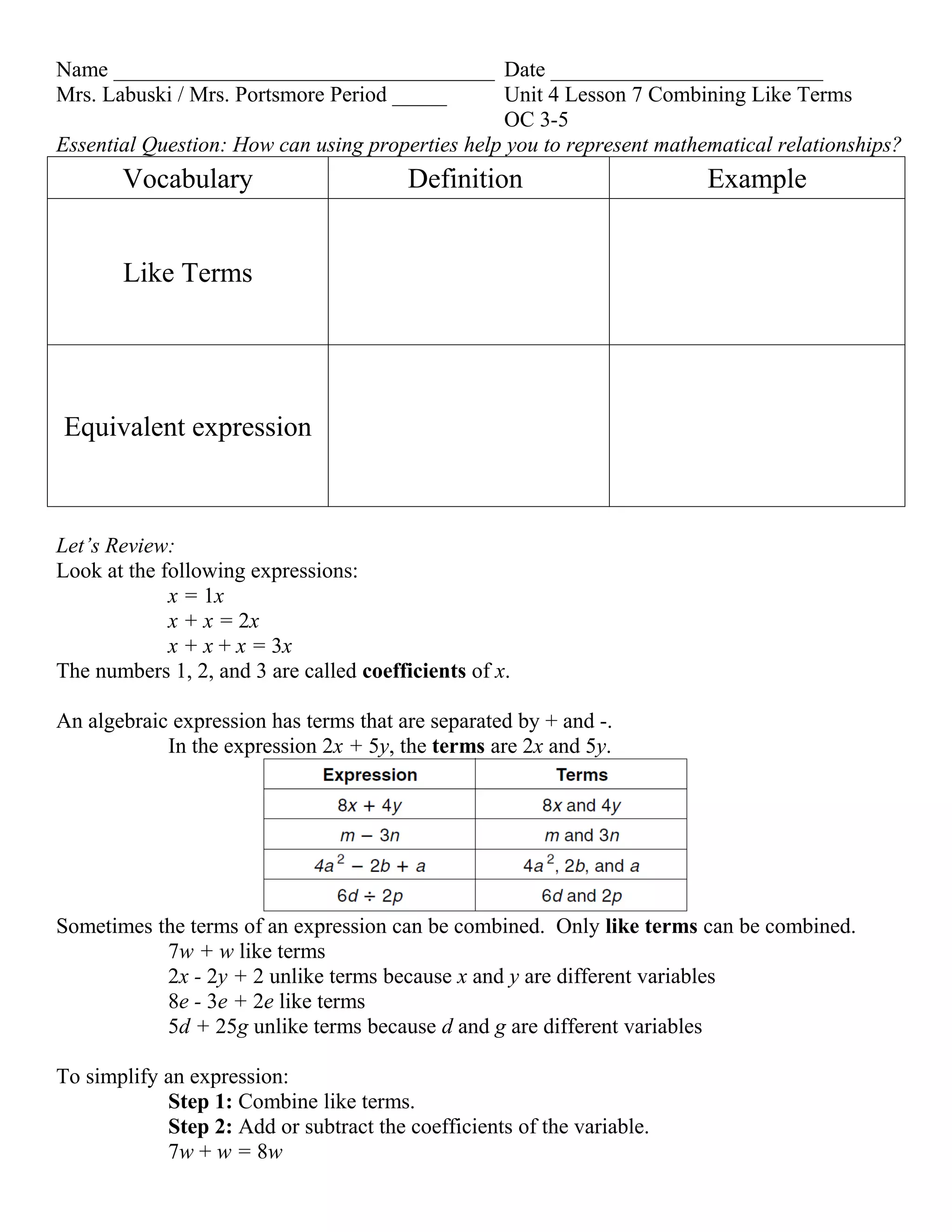 Unit 4 lesson 7 combining like terms | PDF