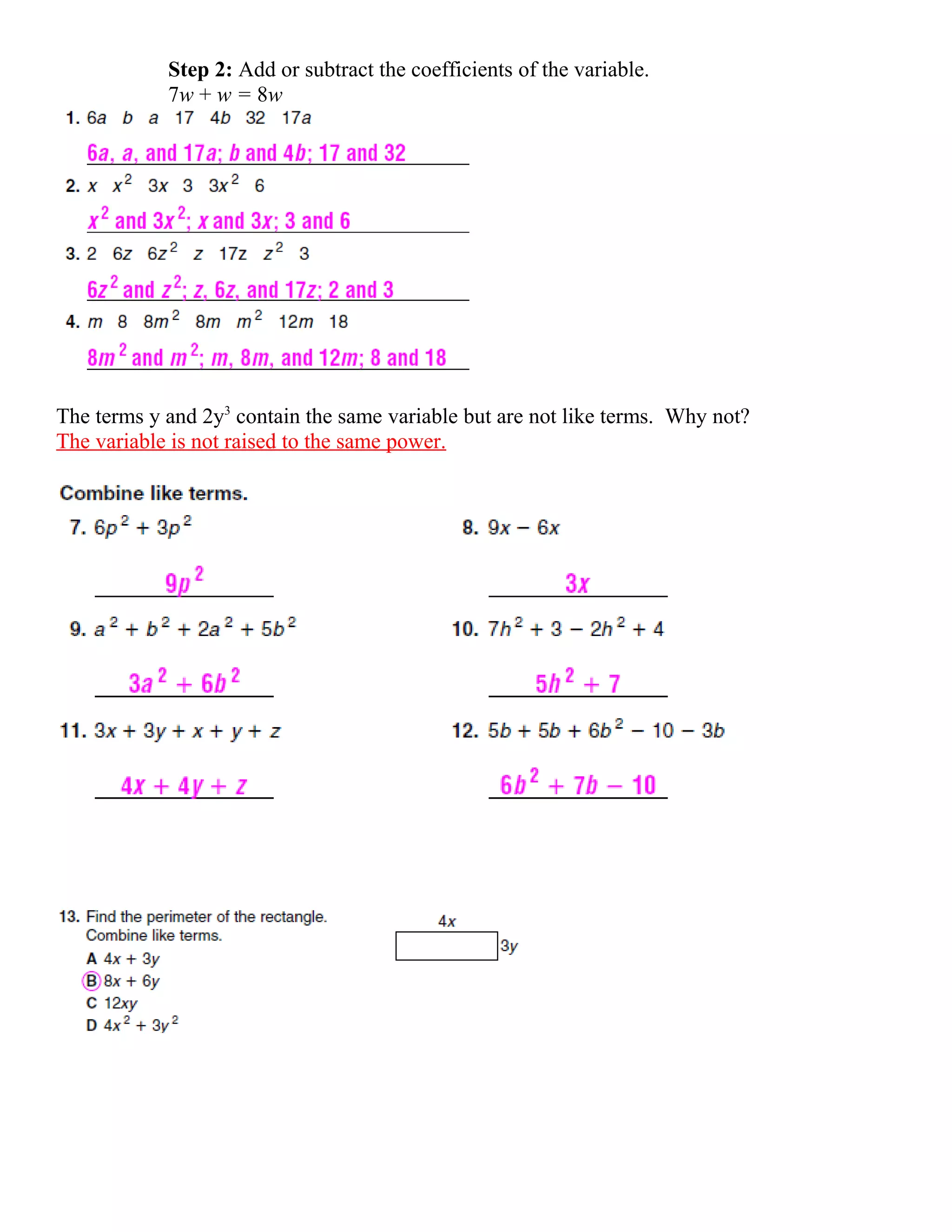 Unit 4 lesson 7 combining like terms | PDF