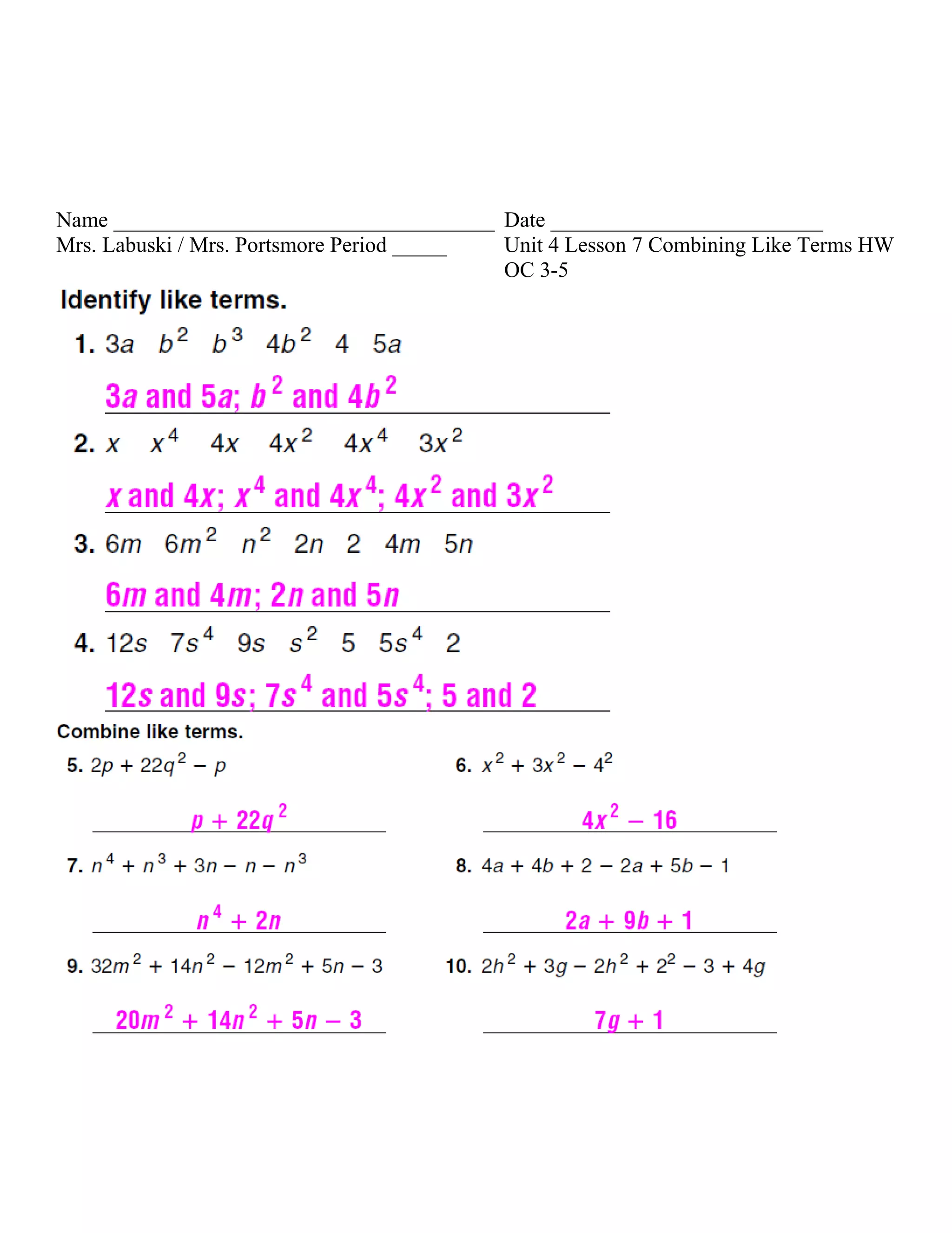 Unit 4 lesson 7 combining like terms | PDF