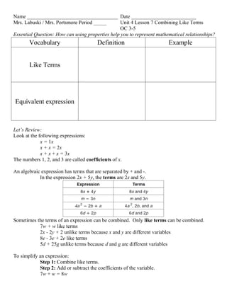 Unit 4 lesson 7 combining like terms | PDF