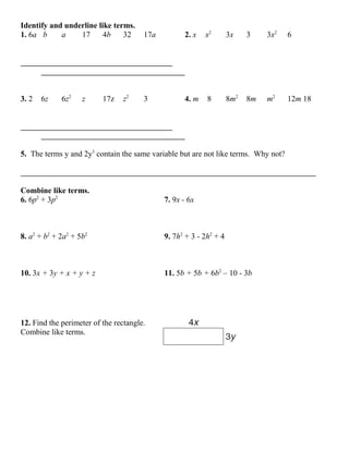 Unit 4 lesson 7 combining like terms | PDF
