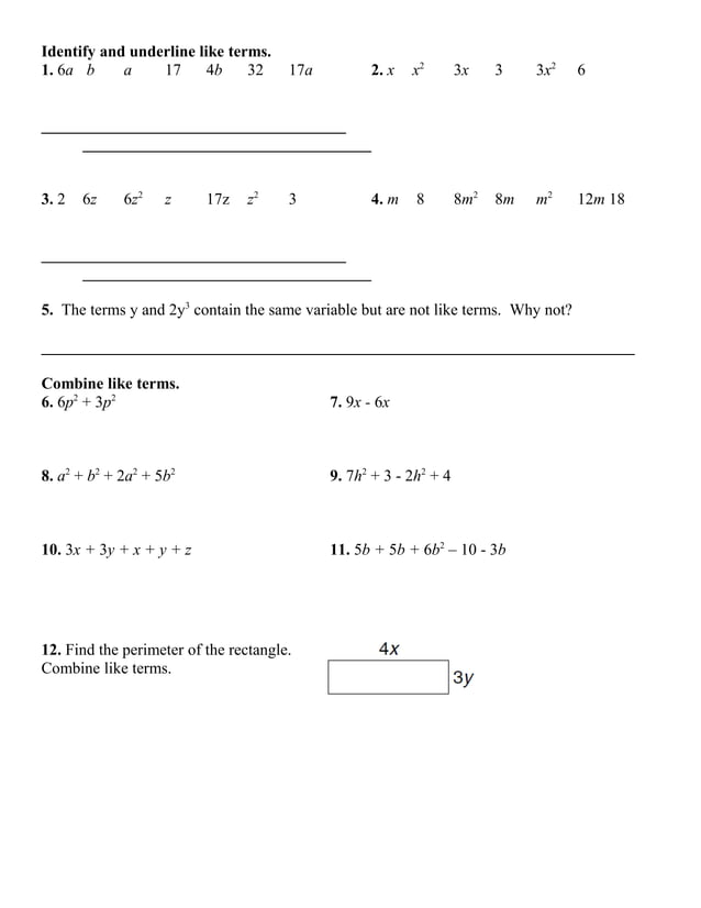 Unit 4 lesson 7 combining like terms | PDF