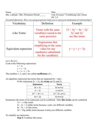 Unit 4 lesson 7 combining like terms | PDF
