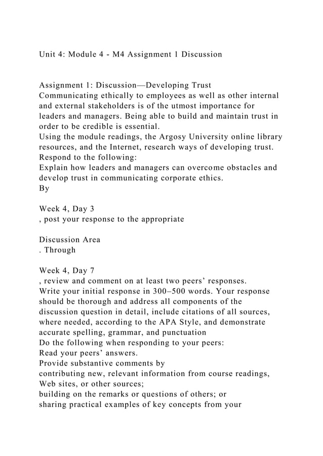 Unit 4 Module 4 - M4 Assignment 1 DiscussionAssignment 1 Dis.docx
